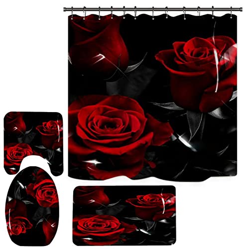 Jlong 4 Pcs Valentines Day Shower Curtain Set with Non-Slip Rugs, Toilet Lid Cover Bath Mat, Romantic Red Rose Shower Curtain with 12 Hooks, Waterproof Polyester Fabric Bathroom Decor Set