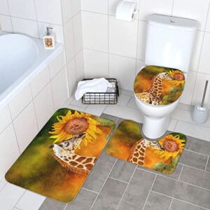 Danlim Anti Slip Bathroom Non Slip Rugs, Luxurious Super Soft Flannel Anti Slip Mat 3 Pieces/Set,Super Absorbent,Machine Washable Giraffe and Sunflower