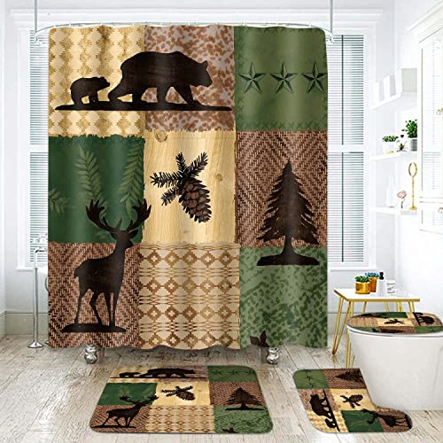 EARVO Forest Deer Bear Patchwork Pattern Shower Curtain, 4PCS Bath Sets with Non-Slip Rugs U-Shaped Mat Toilet Lid Cover Pine Tree Pinecone, Polyester with 12 Hooks 71x72 in SETMYEA38