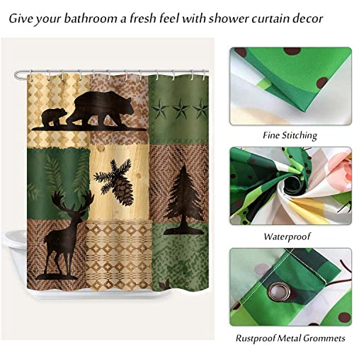 EARVO Forest Deer Bear Patchwork Pattern Shower Curtain, 4PCS Bath Sets with Non-Slip Rugs U-Shaped Mat Toilet Lid Cover Pine Tree Pinecone, Polyester with 12 Hooks 71x72 in SETMYEA38