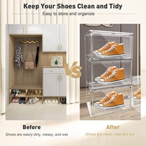 Large Sturdy 12 Pack Shoe Storage Box, Clear Plastic Stackable Shoe Organizer with Magnetic Door for Sneakers Display, Space Saving Closet Container for Entryways and Under beds, Fits US Size 14