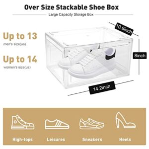 Large Sturdy 12 Pack Shoe Storage Box, Clear Plastic Stackable Shoe Organizer with Magnetic Door for Sneakers Display, Space Saving Closet Container for Entryways and Under beds, Fits US Size 14