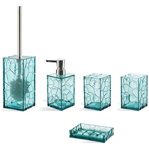 acrylic bathroom accessories set, 5 piece teal blue bathroom vanity accessory set with toothbrush holder tumbler soap dispenser soap dish toilet brush set, elegant bathroom decor and gift set