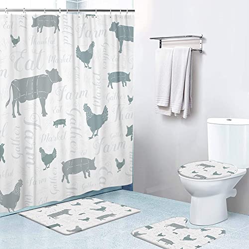 LOKMU 4 Pcs Shower Curtain Sets with Non-Slip Rugs, Toilet Lid Cover and Bath Mat,Modern Farmhouse Cow Chicken and Pig Blue Waterproof Shower Curtain with 12 Hooks, Bathroom Decor Sets, 72" x 72"