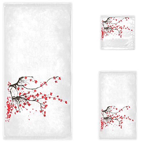 Naanle Realistic Oriental Cherry Blossom Japanese Tree Soft Luxury Decorative Set of 3 Towels, 1 Bath Towel+1 Hand Towel+1 Washcloth, Multipurpose for Bathroom, Hotel, Gym, Spa and Kitchen(White)