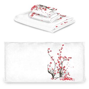 Naanle Realistic Oriental Cherry Blossom Japanese Tree Soft Luxury Decorative Set of 3 Towels, 1 Bath Towel+1 Hand Towel+1 Washcloth, Multipurpose for Bathroom, Hotel, Gym, Spa and Kitchen(White)