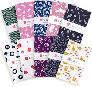 komesichi irodori japanese traditional towel tenugui animal pattern b set of 10 with fray prevention processing with tenugui iroha (english manual)