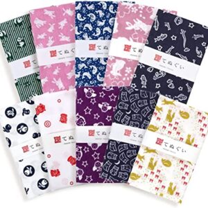 KOMESICHI irodori Japanese Traditional Towel Tenugui Animal Pattern B Set of 10 with Fray Prevention Processing with Tenugui Iroha (English Manual)