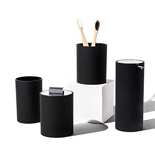 Sleek Matte Black Bathroom Accessory Set 4 Pcs Complete Bathroom Set Modern Bathroom Decor Bathroom Organizer Accesorios para baños Toothbrush Holder Soap Dispenser Set Home Decor Clearance