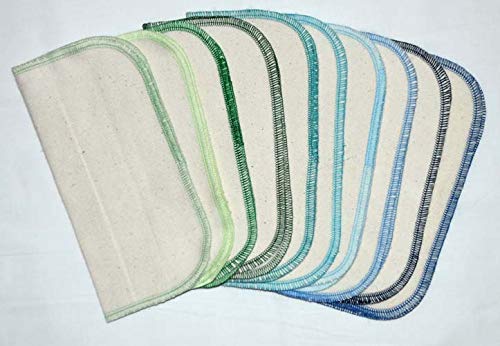 1 Ply Organic Flannel Baby Wipes 8x8 Inches Set of 10 Blues and Greens