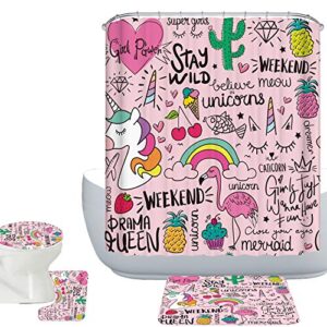 amagical cute unicorn ice cream pineapple cherry and other items pink decor 16 piece bathroom mat set shower curtain set bath mat contour mat toilet cover shower curtain 12 hooks (pink)