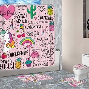 Amagical Cute Unicorn Ice Cream Pineapple Cherry and Other Items Pink Decor 16 Piece Bathroom Mat Set Shower Curtain Set Bath Mat Contour Mat Toilet Cover Shower Curtain 12 Hooks (Pink)