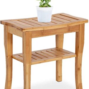 Sangsan Bamboo Shower Stool Shower Bench - Shower Bath Seat 2-Tier Spa Stool Foot Rest with Storage Shelf and Non-Slip Feet, Organizer for Bathroom Indoor & Outdoor, Natural