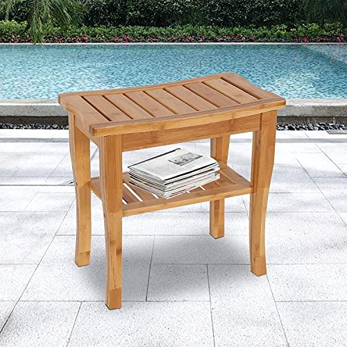 Sangsan Bamboo Shower Stool Shower Bench - Shower Bath Seat 2-Tier Spa Stool Foot Rest with Storage Shelf and Non-Slip Feet, Organizer for Bathroom Indoor & Outdoor, Natural