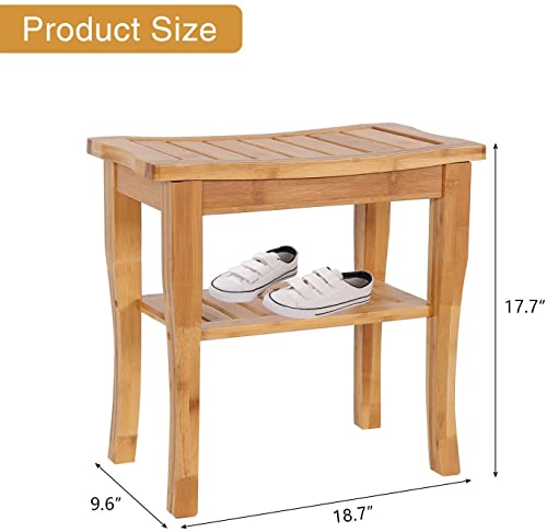 Sangsan Bamboo Shower Stool Shower Bench - Shower Bath Seat 2-Tier Spa Stool Foot Rest with Storage Shelf and Non-Slip Feet, Organizer for Bathroom Indoor & Outdoor, Natural