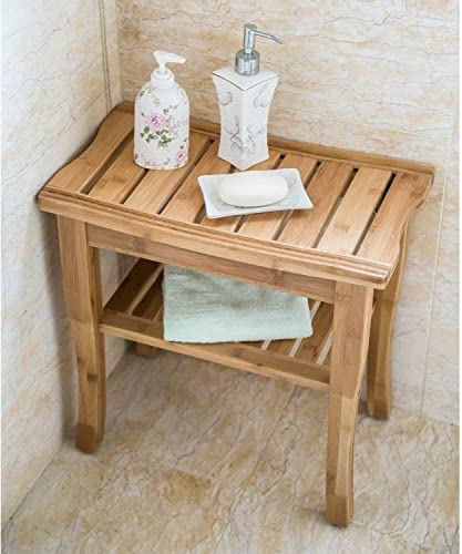 Sangsan Bamboo Shower Stool Shower Bench - Shower Bath Seat 2-Tier Spa Stool Foot Rest with Storage Shelf and Non-Slip Feet, Organizer for Bathroom Indoor & Outdoor, Natural