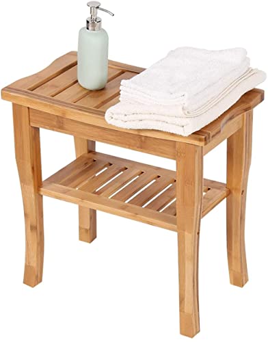 Sangsan Bamboo Shower Stool Shower Bench - Shower Bath Seat 2-Tier Spa Stool Foot Rest with Storage Shelf and Non-Slip Feet, Organizer for Bathroom Indoor & Outdoor, Natural