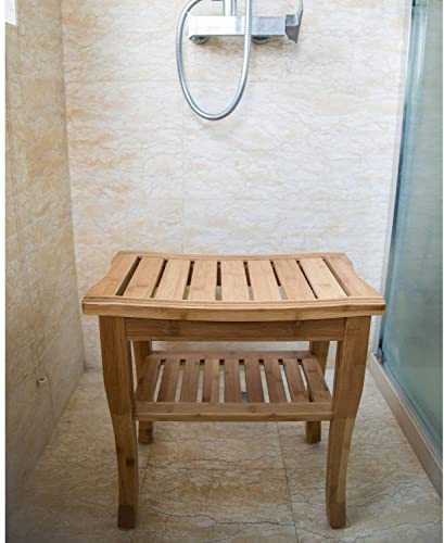 Sangsan Bamboo Shower Stool Shower Bench - Shower Bath Seat 2-Tier Spa Stool Foot Rest with Storage Shelf and Non-Slip Feet, Organizer for Bathroom Indoor & Outdoor, Natural