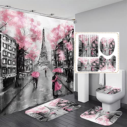 4Pcs Paris Eiffel Tower Pink Shower Curtain Sets Bathroom Set Decor with Non-Slip Rugs Bath U-Shaped Mat Toilet Lid Cover Waterproof Valentine Bathroom Curtains Shower Set with 12 Hooks, 70.8×70.8