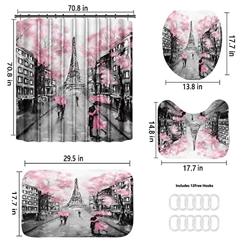 4Pcs Paris Eiffel Tower Pink Shower Curtain Sets Bathroom Set Decor with Non-Slip Rugs Bath U-Shaped Mat Toilet Lid Cover Waterproof Valentine Bathroom Curtains Shower Set with 12 Hooks, 70.8×70.8