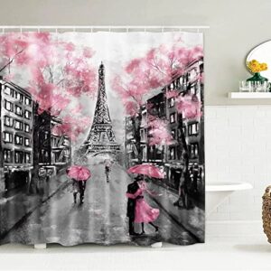 4Pcs Paris Eiffel Tower Pink Shower Curtain Sets Bathroom Set Decor with Non-Slip Rugs Bath U-Shaped Mat Toilet Lid Cover Waterproof Valentine Bathroom Curtains Shower Set with 12 Hooks, 70.8×70.8