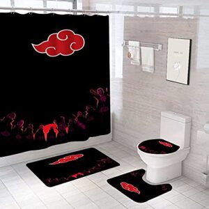 4 piece anime shower curtain set with non-slip rug, toilet lid cover, bath mat and 12 hooks, waterproof shower curtain set for bathroom