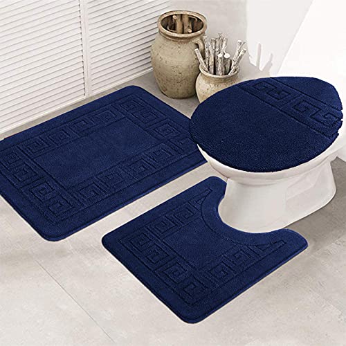 Pauwer Bathroom Rugs Sets 3 Piece with Toilet Cover, Bath Mats for Bathroom Non Slip, U-Shaped Contour Toilet Mat, Absorbent Bath Mat Set, Machine Washable Bath Rugs for Bathroom Floor, Navy