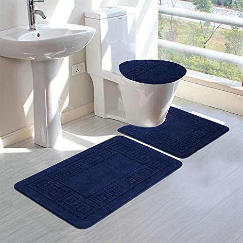 Pauwer Bathroom Rugs Sets 3 Piece with Toilet Cover, Bath Mats for Bathroom Non Slip, U-Shaped Contour Toilet Mat, Absorbent Bath Mat Set, Machine Washable Bath Rugs for Bathroom Floor, Navy