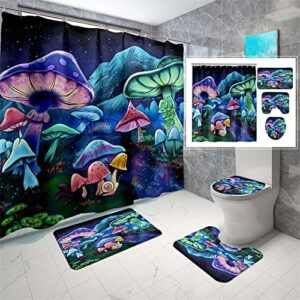 kossmjx mushrooms shower curtain set 4 pieces fairy forest theme fantasy cartoon curtain set girls boys teens bathroom decor waterproof polyester curtains with 12 hooks toilet rug bath mat, 70" x 70"