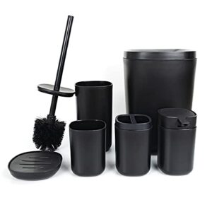 bathroom accessories bath set of 6 complete, toothbrush holder, soap dispenser, garbage trash can, soap dish, toothbrush cup and toilet brush holder, black