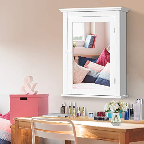 Tangkula Bathroom Cabinet with Mirror, Mirrored Wall-Mounted Storage Medicine Cabinet with Single Door & Adjustable Shelf in 5 Positions, Multipurpose Wall Cabinet for Bathroom Vestibule (White)