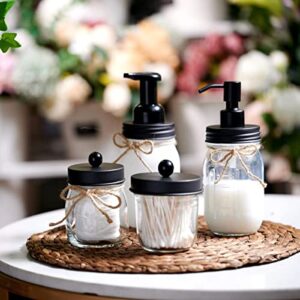 Mason Jar Bathroom Accessories Set 4 Pcs -Lotion Soap Dispenser & 2 Cotton Swab Holders & Toothbrush Holder - Rustic Farmhouse Decor, Bathroom Home Decor, Perfect Decorating Idea (Black)