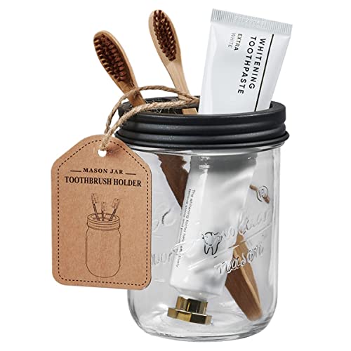 Mason Jar Bathroom Accessories Set 4 Pcs -Lotion Soap Dispenser & 2 Cotton Swab Holders & Toothbrush Holder - Rustic Farmhouse Decor, Bathroom Home Decor, Perfect Decorating Idea (Black)