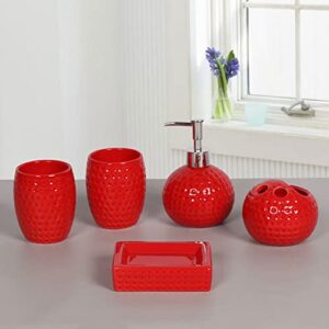 comeone bathroom accessories, 5piece bathroom accessories set, bathroom set features, soap dispenser, toothbrush holder, tumbler & soap dish - bath gift set,red