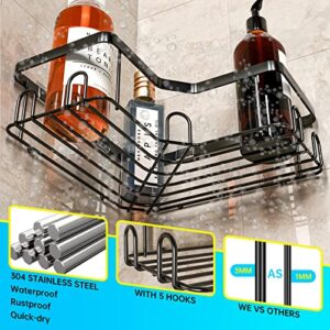 2 Pack Adhesive Corner Shower Caddy, Bathroom Shower Shelf with 20 Hooks, No Drilling Rustproof Stainless Steel Large Capacity Suction Cup Shower Shelves Organizer for Toilet & Kitchen Storage, Black