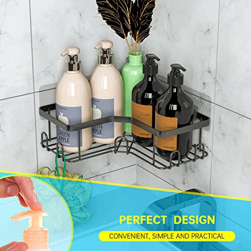 2 Pack Adhesive Corner Shower Caddy, Bathroom Shower Shelf with 20 Hooks, No Drilling Rustproof Stainless Steel Large Capacity Suction Cup Shower Shelves Organizer for Toilet & Kitchen Storage, Black