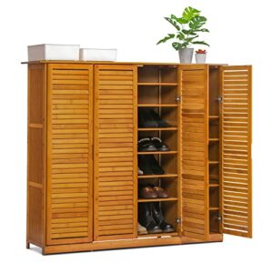 monibloom large multi-tier shoe storage cabinet with shutter doors, bamboo shoe floor storage organizer rack for 31-35 pairs entryway hallway mudroom, brown