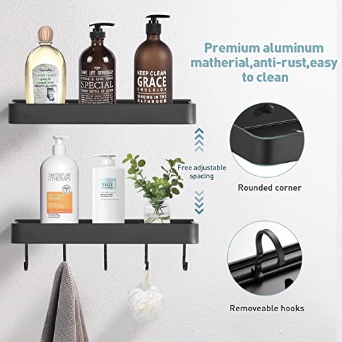 Koilria Shower Caddy,Adhesive and Drilling Shower Shelves 5 Hooks 2pcs Large Capacity Rustproof Stainless Steel Shower Organizer Basket for Bathroom/Toilet/Kitchen(Lenght11.8inch)