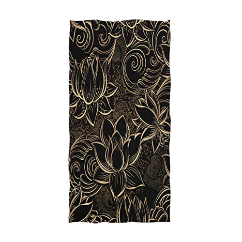 Naanle Boho Luxurious Gold Lotus Flowers Print Soft Highly Absorbent Large Decorative Hand Towels Multipurpose for Bathroom, Hotel, Gym and Spa (16 x 30 Inches,Black)