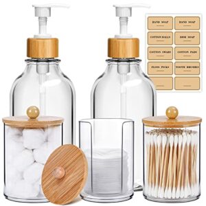 mierting bathroom accessories set 5 pcs, bamboo bathroom accessory sets complete, soap dispenser and toothbrush holder set, qtip & cotton ball holder, boho bathroom decor, housewarming gift