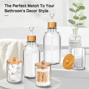 MIERTING Bathroom Accessories Set 5 Pcs, Bamboo Bathroom Accessory Sets Complete, Soap Dispenser and Toothbrush Holder Set, Qtip & Cotton Ball Holder, Boho Bathroom Decor, Housewarming Gift