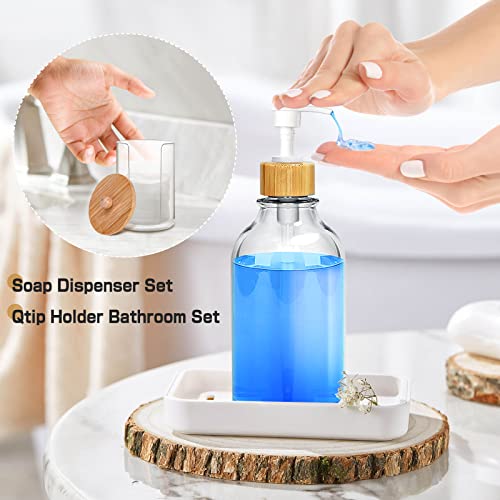 MIERTING Bathroom Accessories Set 5 Pcs, Bamboo Bathroom Accessory Sets Complete, Soap Dispenser and Toothbrush Holder Set, Qtip & Cotton Ball Holder, Boho Bathroom Decor, Housewarming Gift