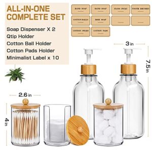 MIERTING Bathroom Accessories Set 5 Pcs, Bamboo Bathroom Accessory Sets Complete, Soap Dispenser and Toothbrush Holder Set, Qtip & Cotton Ball Holder, Boho Bathroom Decor, Housewarming Gift