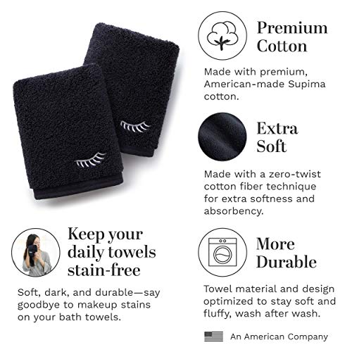 Laguna Beach Textile Co. Plush Zero Twist Supima Cotton Makeup Towels - Pack of 2 - 730 GSM - 12" x 12" (Black Wink)