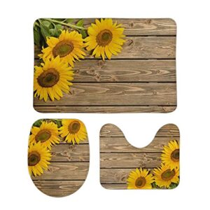 apular fashion 3 piece bath rugs set sunflowers wooden board printed non slip ultra soft bathroom mats, u shape mat and toilet lid cover mat bath mats