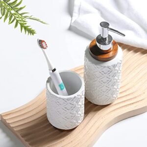 RQYIXI Bathroom Accessories Set 4 Pcs Toothbrush Holder Soap Dispenser Set Ceramic and Wood Bathroom Set Contain Toothbrush Cup Soap Dispenser Soap Dish Tumbler