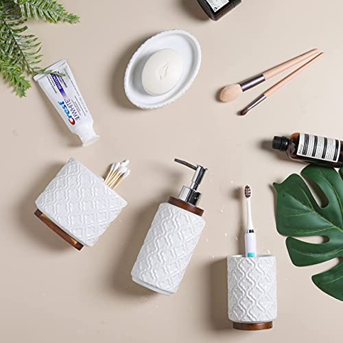 RQYIXI Bathroom Accessories Set 4 Pcs Toothbrush Holder Soap Dispenser Set Ceramic and Wood Bathroom Set Contain Toothbrush Cup Soap Dispenser Soap Dish Tumbler