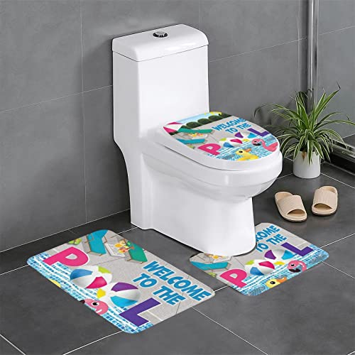 3 Pieces Bathroom Rugs Set Flamingo and Swimming Pool Print 3 Pieces Bathroom Rugs Set Bath Mat+Contour+Toilet Lid Cover Bathroom Antiskid Pad