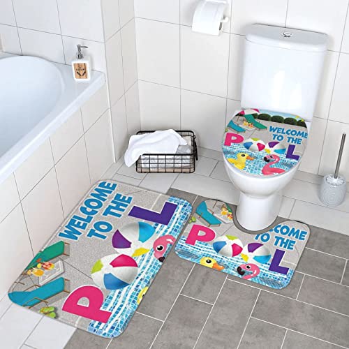 3 Pieces Bathroom Rugs Set Flamingo and Swimming Pool Print 3 Pieces Bathroom Rugs Set Bath Mat+Contour+Toilet Lid Cover Bathroom Antiskid Pad