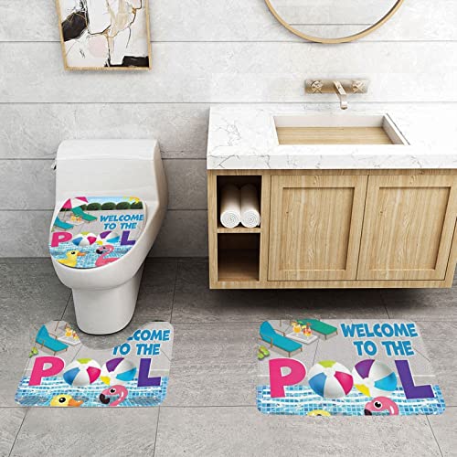 3 Pieces Bathroom Rugs Set Flamingo and Swimming Pool Print 3 Pieces Bathroom Rugs Set Bath Mat+Contour+Toilet Lid Cover Bathroom Antiskid Pad